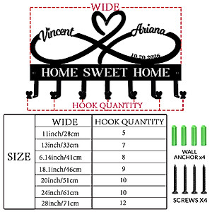 ubmpj Personalized Key Holder for Wall with Couple's Name, Love Shape Anniversary Housewarming Gifts Custom Metal Key Rack Hanger Wall Mount for Living Room Decor