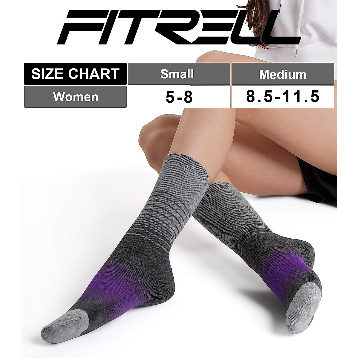 FITRELL 4 Pack Women's Merino Wool Hiking Socks Wicking Cushioned Warm Thermal Walking Boot Crew Socks, Christmas Gifts, Purple+Pink, Medium, for Shoe Size 8.5-11