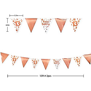 40Ft Rose Gold 13th Birthday Decorations Happy 13th Birthday Banner Bunting Triangle Flag Pennant Garland for Teen Girls 13 Year Old Happy Birthday Decor Thirteen Official Teenager Party Supplies