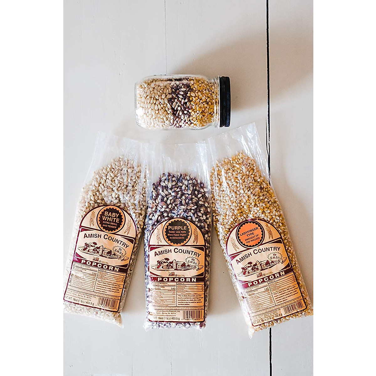 Amish Country Popcorn | 3-1 lb Bags | 1 lb Baby White, 1 lb Ladyfinger, and 1 lb Purple Popcorn Kernels Variety Pack | Old Fashioned, Non-GMO and Gluten Free (3-1 lb Bags)