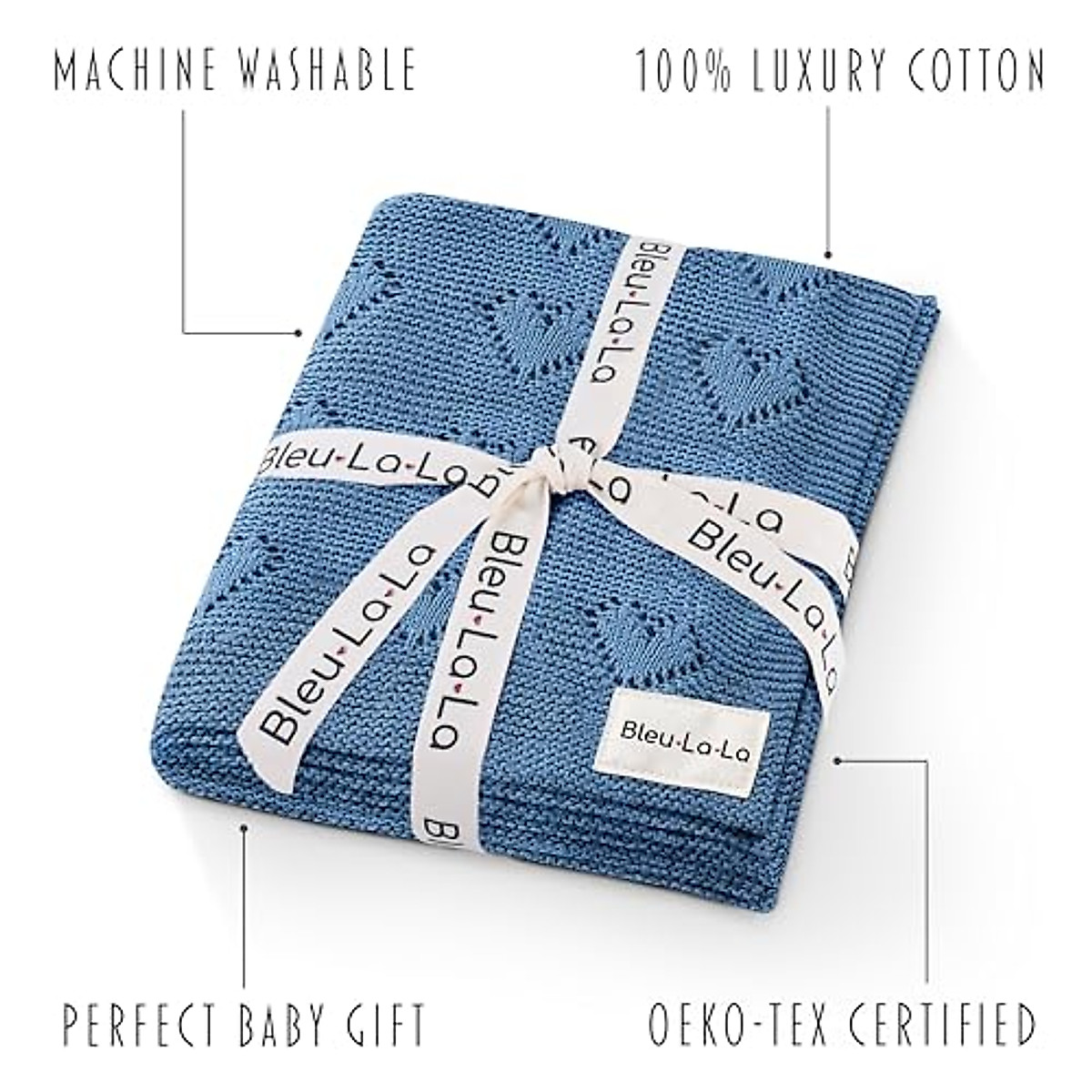 Bleu La La Cotton Heart Knit Swaddle Baby Blanket for Boys - Soft Warm Cozy Swaddling Receiving Cuddle Stroller and Crib Blanket for Newborns, Infants & Toddlers (Denim, 0-2 Years)