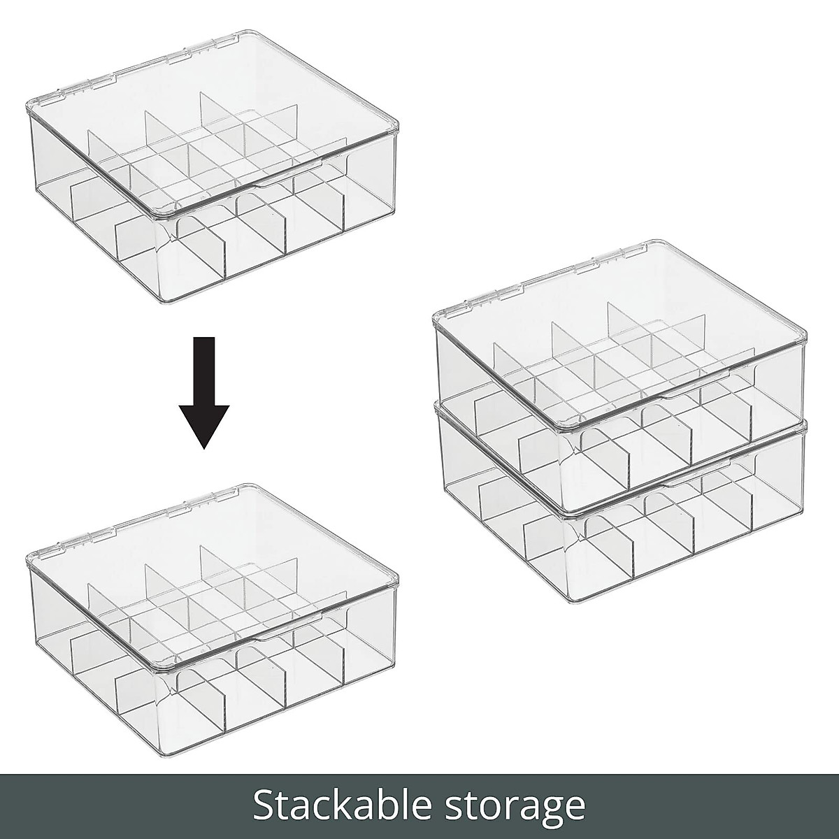 mDesign Plastic Tea Bag Divided Storage Organizer Container Box with Hinge Lid for Kitchen Cabinet, Countertop, Pantry, Hold Coffee Pods, Seasoning Packets, Condiments, 8 Sections, Clear