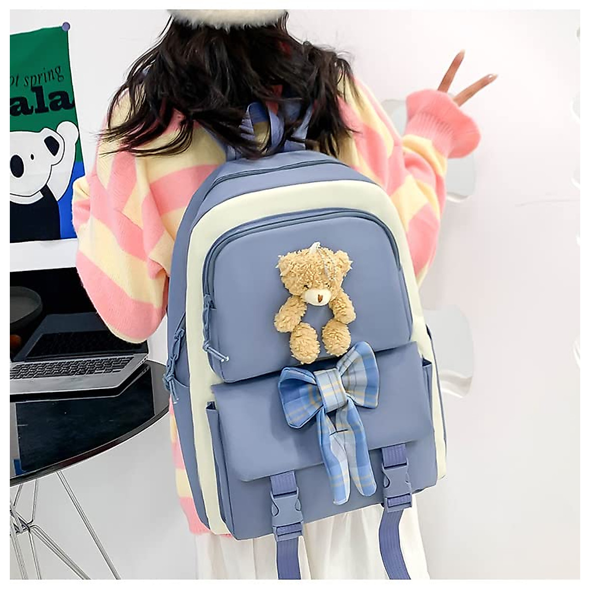 Lokkcy Kawaii Backpack 4Pcs Set with cute plush Pendants & Badge,Japanese School Bag and Backpack for Girls 10-12(Blue)