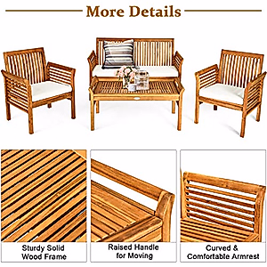 Tangkula 4 Piece Outdoor Acacia Wood Sofa Set with Water Resistant Cushions, Padded Patio Conversation Table Chair Set w/Coffee Table for Garden, Backyard, Poolside (1)