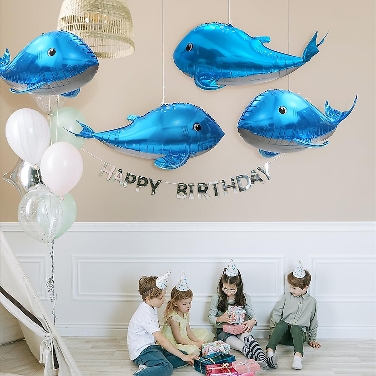 Cute 4D Whale Balloons Under The Sea Decorations Ocean Balloons, 4 Pack Gaint 37'' Whale Shape Mylar Foil Balloons Sea Animal Balloons Fish Balloons Beach Party Supplies, Blue