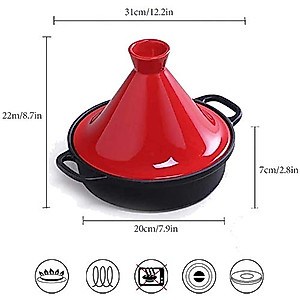 Casserole Dish with Lid Soup Pot Cast Iron Tagine Pot 20Cm, Tajine Cooking Pot with Enameled Cast Iron Base and Cone-Shaped Lid Lead Free Stew Casserole Slow Cooker,Red
