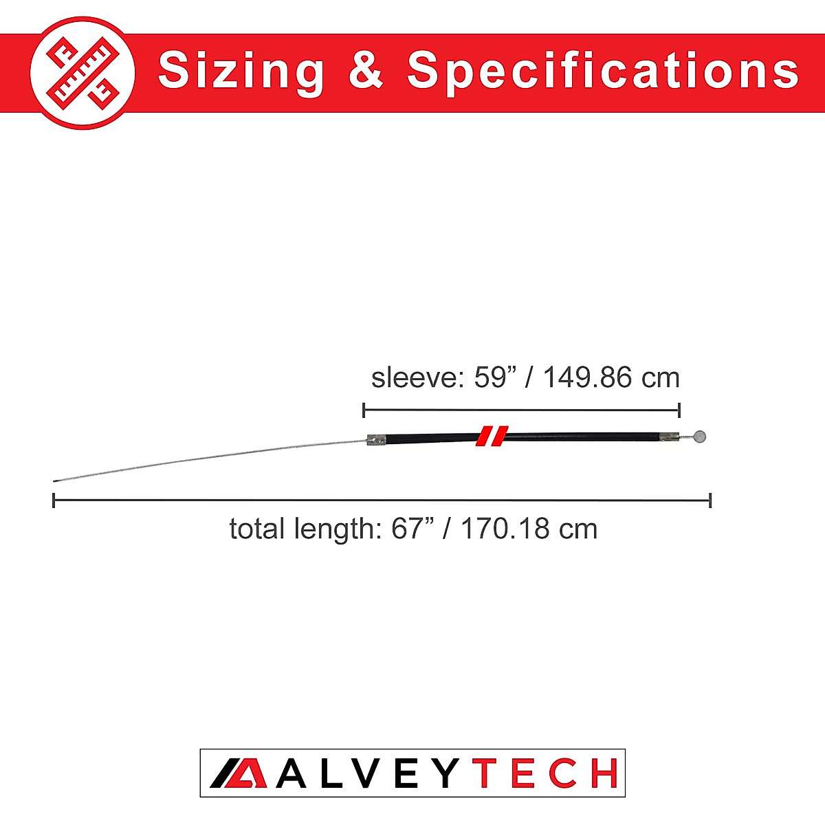 AlveyTech 59" Brake Cable with Sleeve - Replacement fits Motovox MBX10, MBX11, 79cc Mini Gas Bikes, Electric Scooter, ATV, Go-Kart, Front Adult Bike Accessories, Mountain/Road Bicycle, Universal Wire