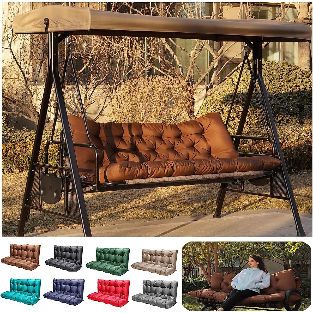 LCYY.TG Porch Swing Cushions, Outdoor 3 Seats Swing Cushion Replacement Pad with Backrest, Waterproof Bench Cushion with Ties, for Porch,Garden,Backyard Furniture Patio Lounger (Coffee 60 * 40 in)