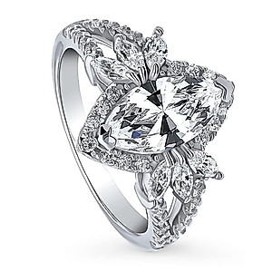 BERRICLE Sterling Silver Halo Wedding Engagement Rings Marquise Cut Cubic Zirconia CZ Flower Split Shank Ring for Women, Rhodium Plated Size 5