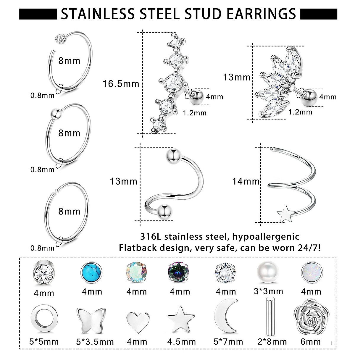 YADOCA 19Pairs Surgical Steel Flat Back Stud Earrings For Women Men Hypoallergenic Cartilage Earrings Stud Hoops Small CZ Heart Star Moon Opal Butterfly Helix Tragus Daith Earrings Piercing Jewelry