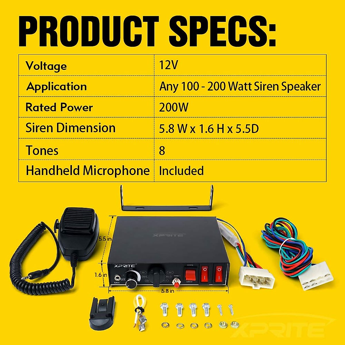 Xprite 200 Watt 8 Tones Emergency Warning Siren PA System Kit w/Handheld Microphone & Light Control Switches (Speaker Not Included)