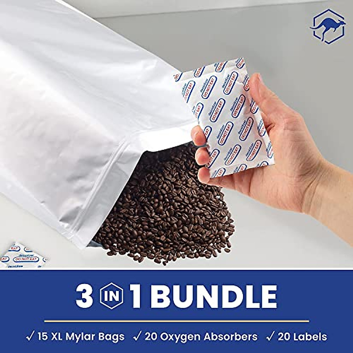 15x 5 Gallon Wallaby Mylar Bag Bundle - Silver (5 Mil) With 20 Single Sealed Oxygen Absorbers & Labels - Resealable Zipper, FDA Grade, Air-Tight, Light-Blocking, for Long Term Food Storage