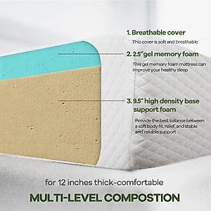 NChanmar 12 Inch Twin Gel Memory Foam Mattress Pressure Relieving, Cooling Gel Foam, CertiPUR-US Certified, Bed-in-a-Box, Pressure Relieving, White