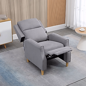 HOMCOM Fabric Recliner Chair, Modern Push Back Reclining Chair, Accent Lounge Arm Chair with Footrest, Solid Wood Legs, Gray