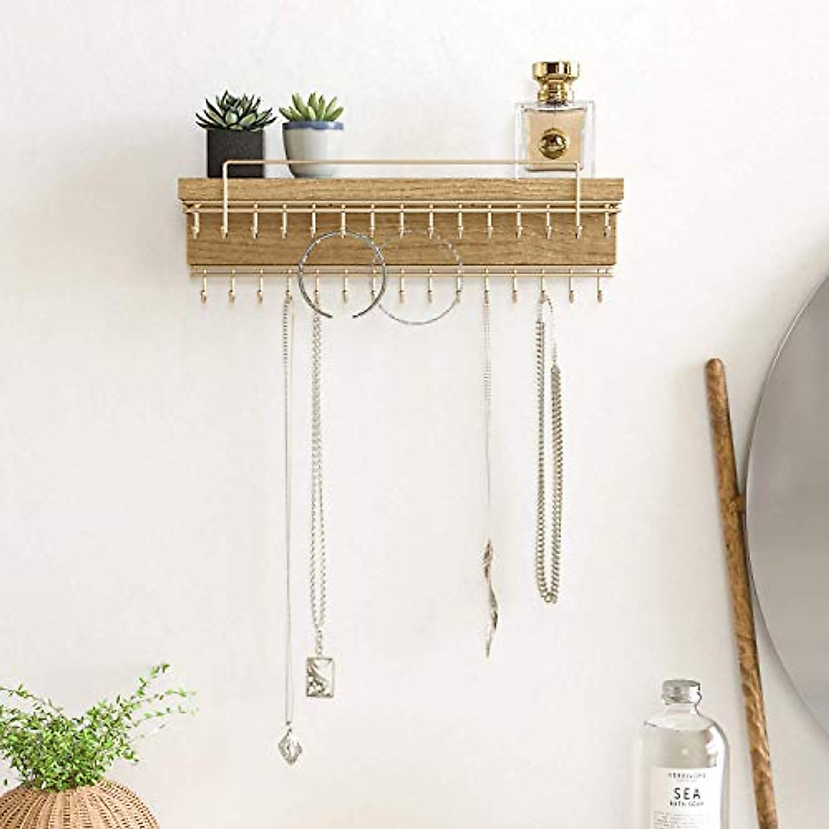 J JACKCUBE DESIGN Rustic Wood Wall Mounted Jewelry Organizer with 30 Gold Metal Hooks Display Shelf Storage for Necklaces, Bracelets, Earrings, Bows and more - MK626A