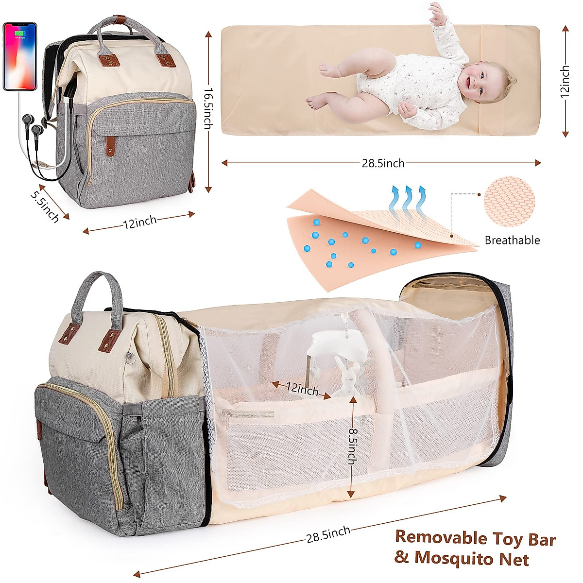 Diaper Bag Backpack Multifunctional Diaper Backpack with Extension Pad for Baby Boy and Girl Travel Baby Bag for Moms Dads