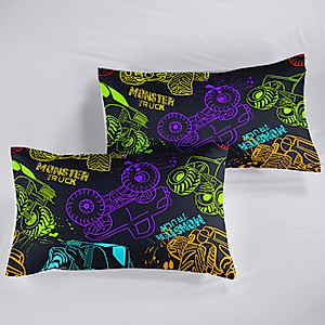 QOOMO Truck Comforter Set for Kids Teens Boys,Neon Truck Kids Comforter,1 Comforter with 2 Pillowcase, Microfiber 3 Piece Bedding Set,Soft and Lightweight(Black，Twin Size)