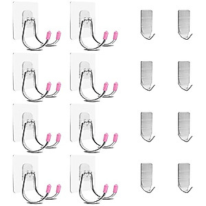 16 Pieces Self Adhesive Wall Hooks, FineGood 8 Transparent Dual Heavy Duty Hooks and 8 Stainless Steel Seamless Hooks, for Kitchen Bathroom Waterproof Self Adhesive Wall Hooks