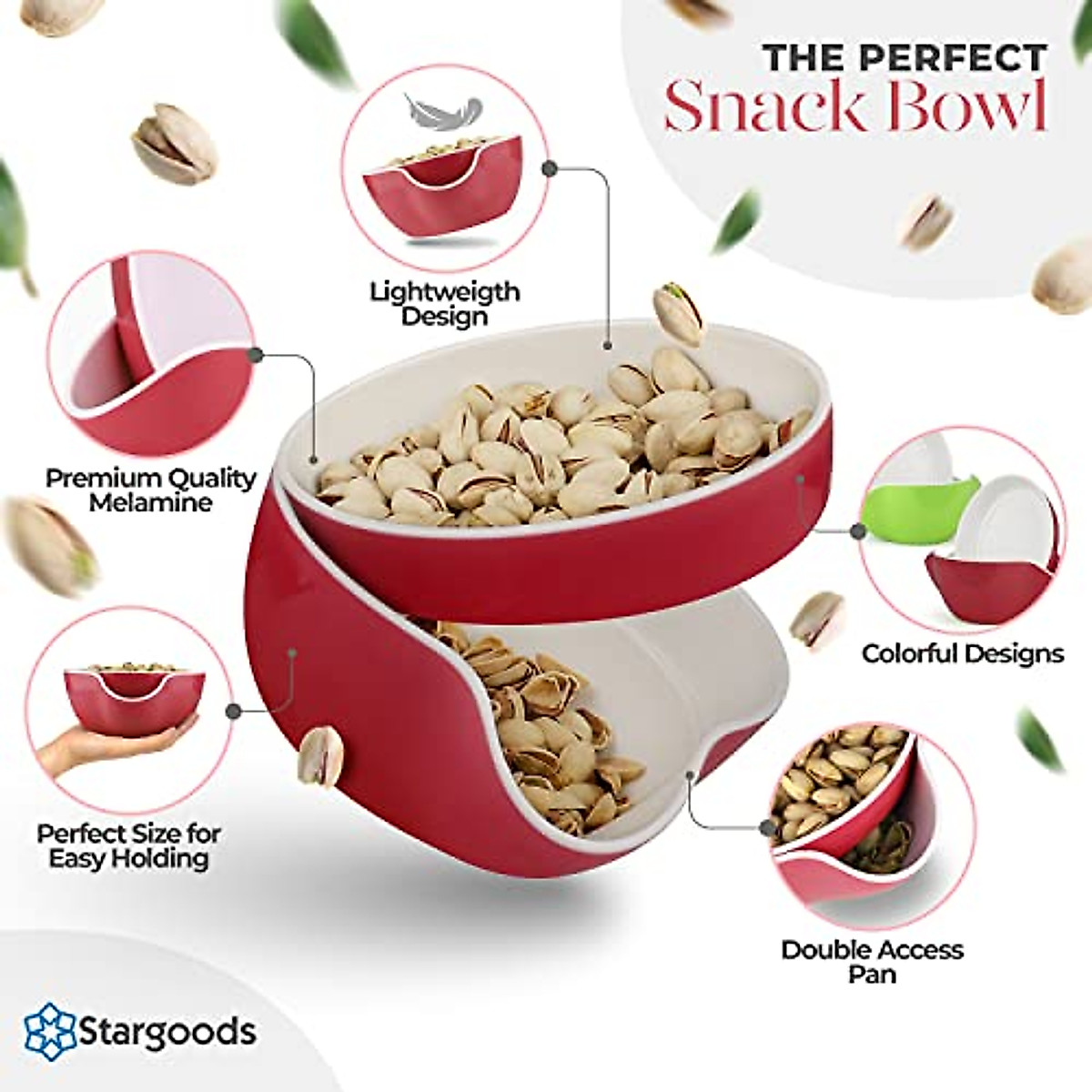 Pistachio Bowl, Snack Serving Dish, Double Peanut Bowl with Nut Seeds Shell Candy Storage, Red