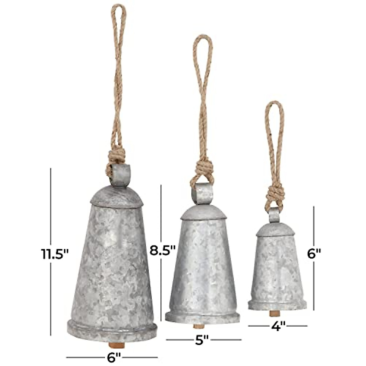 Deco 79 Metal Tibetan Inspired Meditation Decorative Cow Bell with Jute Hanging Rope, Set of 3 12",9",6"H, Gray