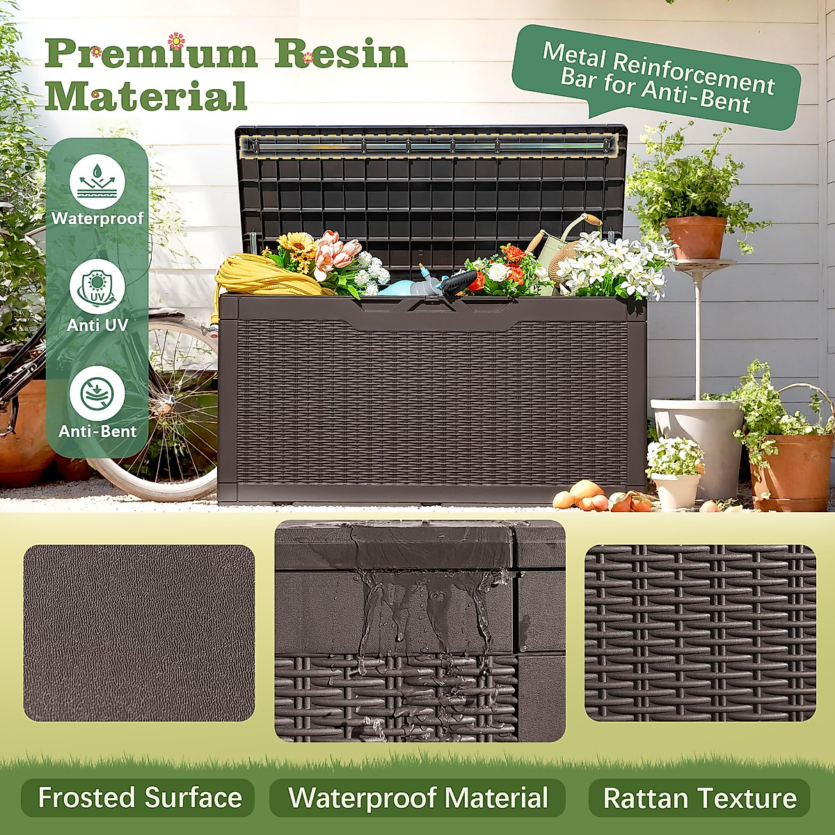 Flamaker Outdoor Storage Box 100 Gallon Waterproof Resin Deck Box with Air Rod Indoor Outdoor Lockable Storage Bench for Patio Cushions, Tools, Pool Accessories (Deep Brown)