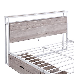 Metal Bed Frame Queen with Two Drawers Queen Size Storage Bed with Sockets, USB Ports and Slat Support for Living Room Bedroom,No Box Spring Needed/Easy Assembly (White)