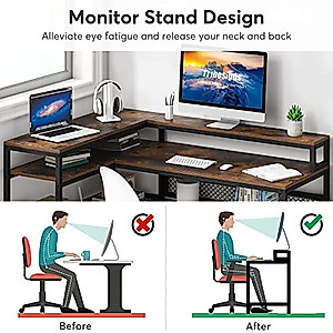 Tribesigns L-Shaped Computer Desk with Monitor Shelf Stand, L Shaped Corner Desks with Large Wood Desktop Industrial Heavy Duty Metal Frame Storage Shelves for Office Home, Rustic Brown Black