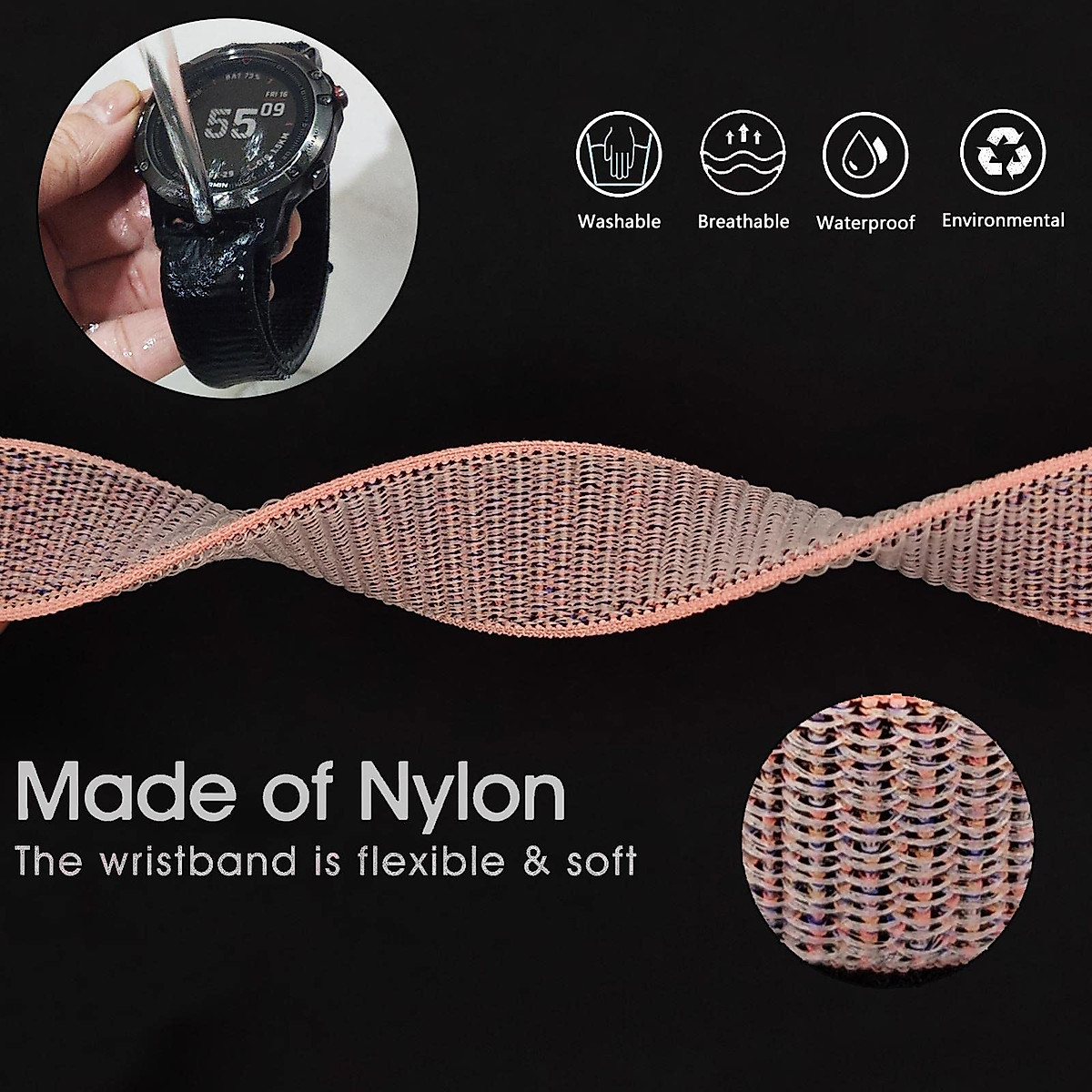 Abanen Hook and Loop Quick Dry 20mm Watch Band for Fenix 7S / Fenix 6S / Fenix 5S / Instinct 2S, Woven Nylon Ultralight Sport Wristband Strap for Garmin epix Pro 42mm (Pink)
