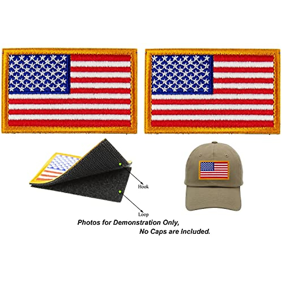 Tactical Patches of USA US American Flag, with Hook and Loop for Backpacks Caps Hats Jackets Pants, Military Army Uniform Emblems, Size 3x2 Inches, Pack of 2
