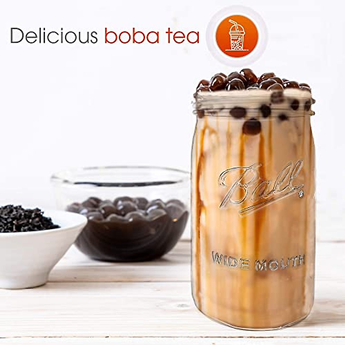 Reusable Boba Bubble Tea & Smoothie Cups - 2 Glass Wide Mouth 32oz Mason Jars with Bamboo Lids - 2 Reusable Gold Stainless Steel Boba Straws