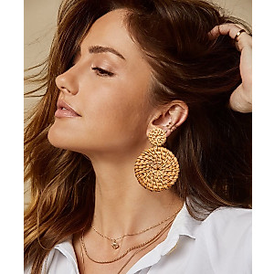 Rattan Earrings Boho Rattan Ball Hoop Earrings for Women Handmade Summer Beach Raffia Dangle Earring Set Statement Straw Wicker Earrings Gifts (4Pairs Rattan Set)