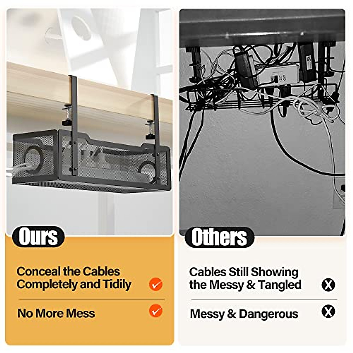 Under Desk Cable Management Tray Black, Cinati Cable Management Under Desk No Drill, Cable Tray with Clamp for Desk Wire Management,Desk Cable Management Box for Office, Home - No Damage to Desk