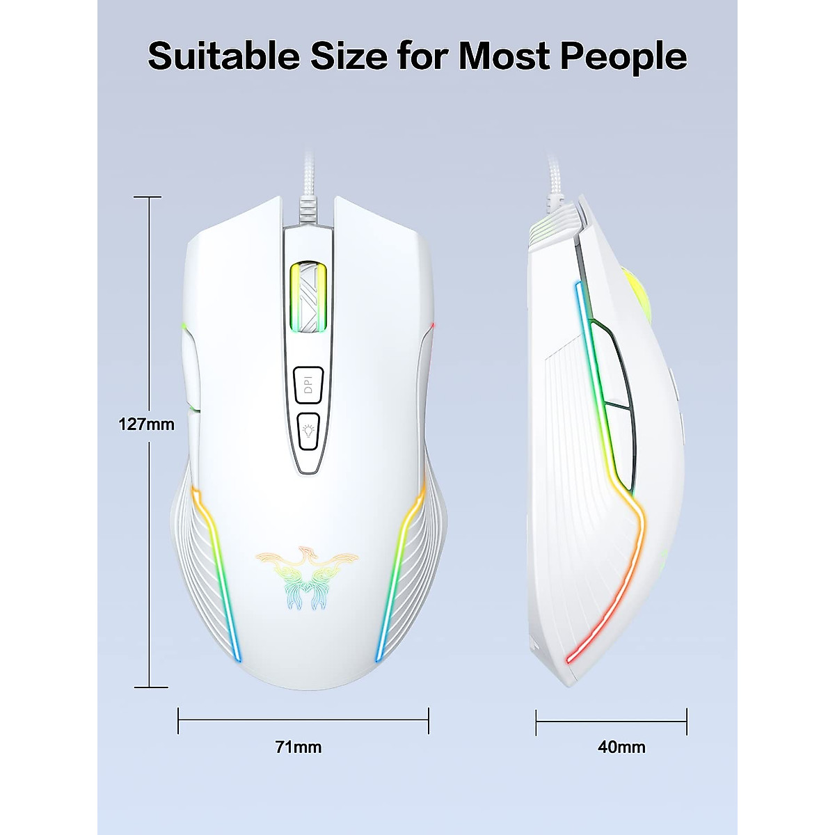 PHNIXGAM Wired Gaming Mouse, Ergonomic RGB Computer Mouse with RGB Backlight, Adjustable DPI UP to 6400, 7 Programmable Buttons for Windows Vista Linux (White)