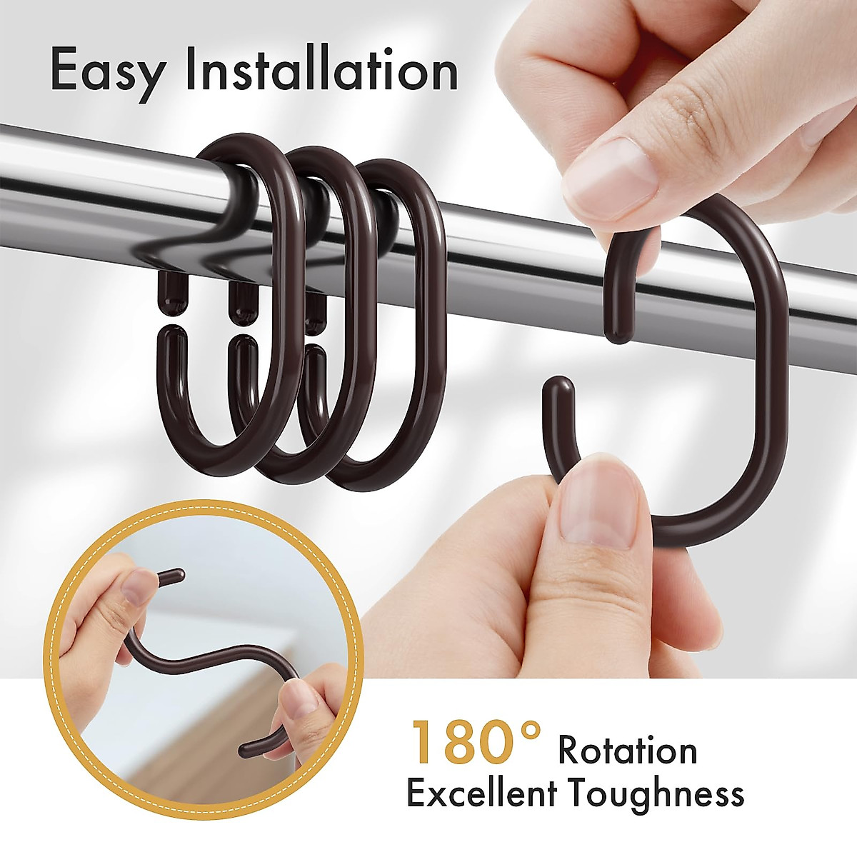 Amazer Plastic Shower Curtain Rings, 24 Pcs Brown Shower Curtain Rings, Shower Curtain Hooks Rings, Plastic Shower Curtain Hooks for Bathroom Shower Rod, Shower Rings Loops for Shower Curtain