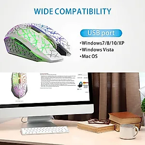 TENMOS K6 Wireless Gaming Mouse, Rechargeable Silent LED Optical Computer Mice with USB Receiver, 3 Adjustable DPI Level and 6 Buttons, Auto Sleeping Compatible Laptop/PC/Notebook (White)