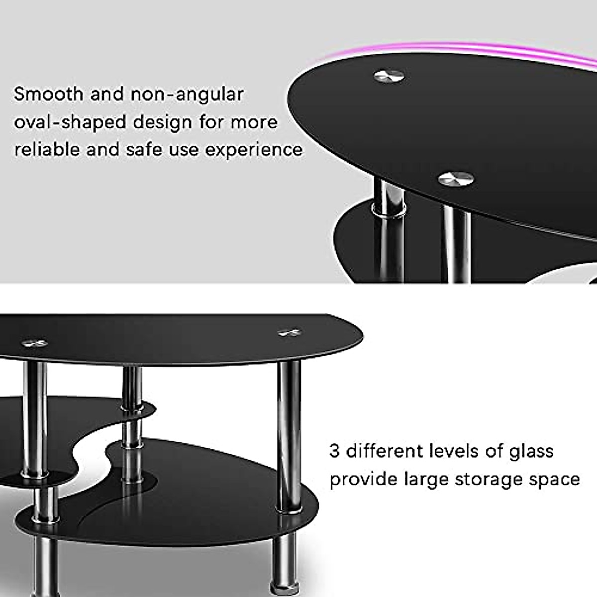 Nidouillet 3 Tier Tempered Glass Table with Glass Shelves and Stainless Steel Legs, Oval-Shaped Coffee Table Living Room Home Furniture 35.4" x 19.7" x17.7 (L x W x H)- Black AB026