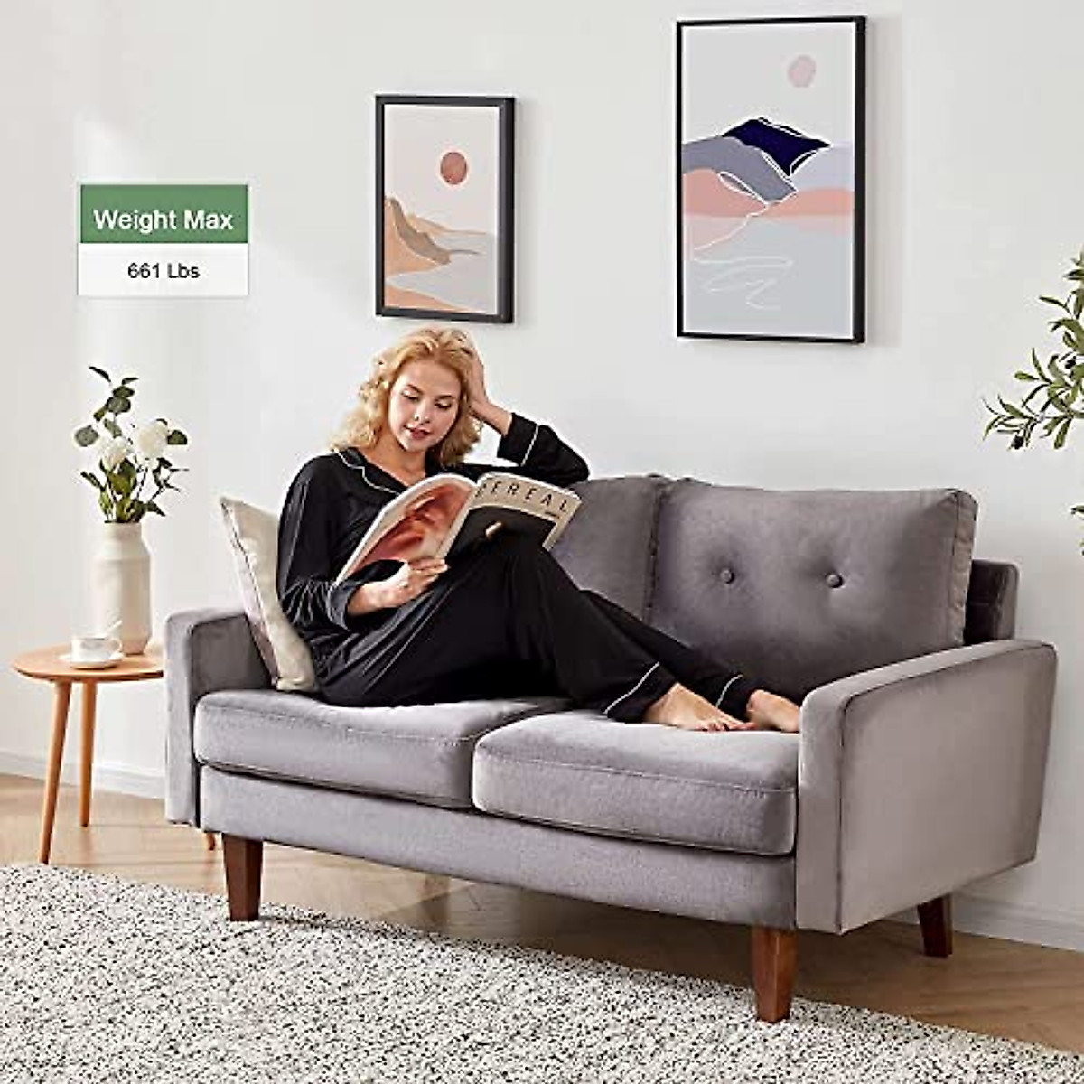 Bettermade Loveseat Sofa,Futon Sofa for Living Room, Velvet Cover Modern Design Couch,Tools-Free Assemble,2 Seats with 600 LB Load,Gray