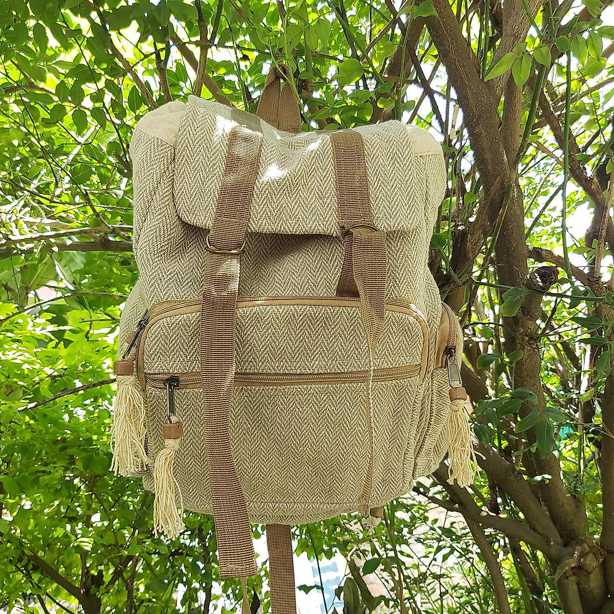 Fwosi Handmade Beige Laptop Backpack - Pure Hemp Bookbag for School, Day Hiking & Travel - Lightweight, Multi-Pocket, 5 Compartments for Books, Purse, Wallet, Everyday Accessories - Crafts from Nepal