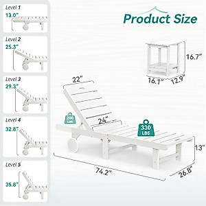 Homenjoy Chaise Lounge Chair Outdoor with Table, 3-Piece, HDPS Material, Outdoor Pool Lounge Chairs with 5-Position Backrest, Patio Lounge Chair with Wheels for Outside, Poolside, Beach, White
