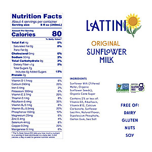 Lattini Original Non-Dairy Sunflower Milk | Plant-Based, Vegan, Sustainable, Non-GMO - Allergen Free Milk Alternative 32 fl oz (Pack of 6)