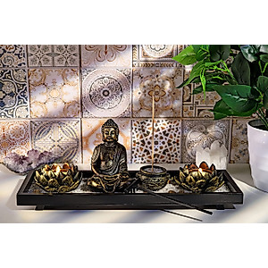 Jovivi Zen Garden Set Buddha Statue 2 Lotus Tealight Candle Holders, Mallet & Rocks and Crystals & Incense Burner Stick Holder Bowl & Wood Tray for Yoga Meditaion Home Table Decor Gift