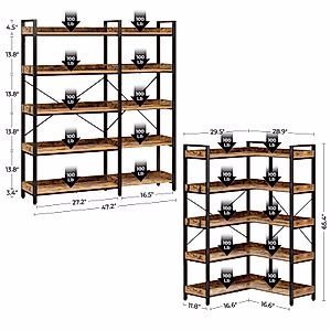 Rolanstar Bookshelf 5 Tier with 4 Hooks, Reversible Corner Bookshelf, 65" Industrial Wooden Bookcase with Open Shelves and Metal Frame for Living Room, Bedroom, Home Office, Rustic Brown