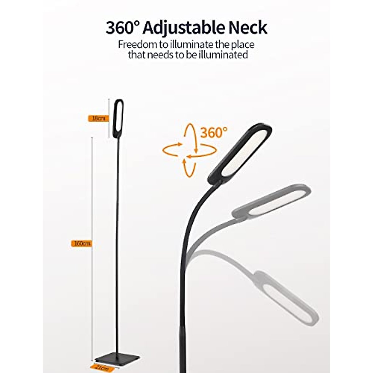 LED Floor Lamp, Standing Lamp with 5 Color Temperature/4 Brightness Levels, Modern Reading Lamp with Adjustable Gooseneck, Dimmable Touch Control Vertical Lamp for Bedroom and Living Room, Black
