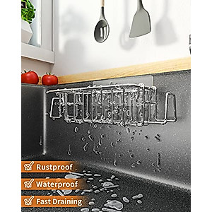 SWTYMIKI 5 in 1 Sink Sponge Holder for Kitchen, Stainless Steel Sink Caddy with Dishcloth Holder for Brush & Sponge in Kitchen Sink Sponge Organizer with 2 Strong Adhesives in Black