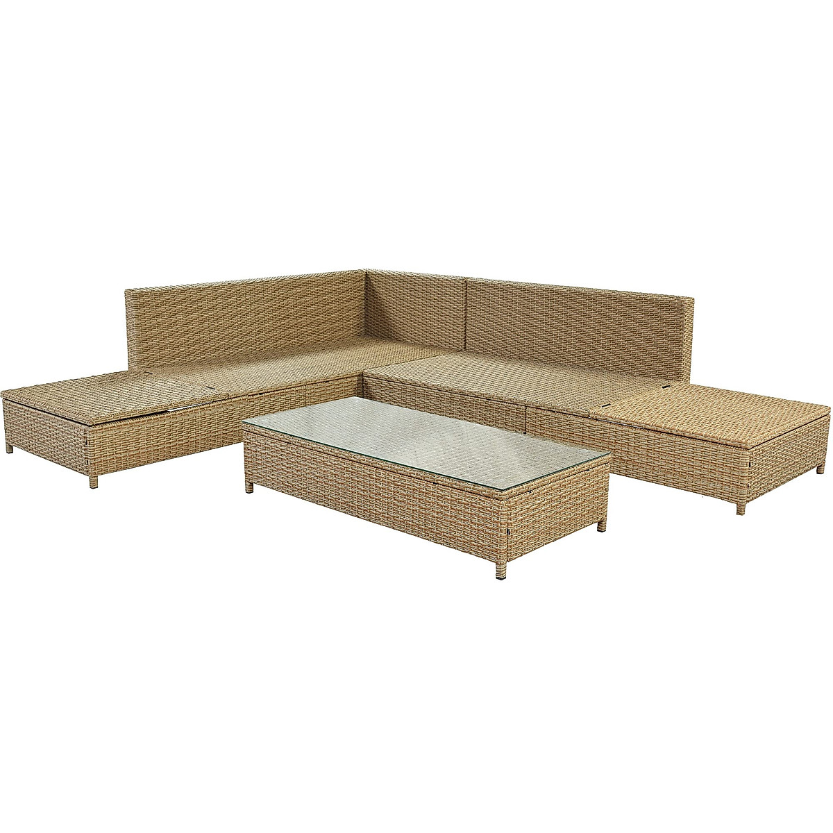 BIADNBZ 3-Piece Outdoor Rattan Sectional Sofa Furniture Set, All Weather PE Wicker Patio Couch with Adjustable Chaise Lounge Frame and Tempered Glass Table, Natural Brown+ Beige Cushion