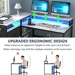Loomie L Shaped Computer Desk with Power Outlets, 55"x41"D Reversible Corner Desk with LED Light, Drawer & Monitor Stand, Home Office Gaming Desk with 4 Tier Storage Shelves & Bag, White Faux Marble