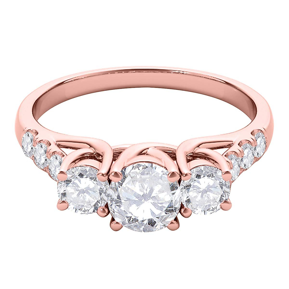 MauliJewels 0.50 Ct. Halo Very Good Round Cut Classic Three-Stone Diamond Engagement Ring, 14K Solid White Rose Yellow Gold