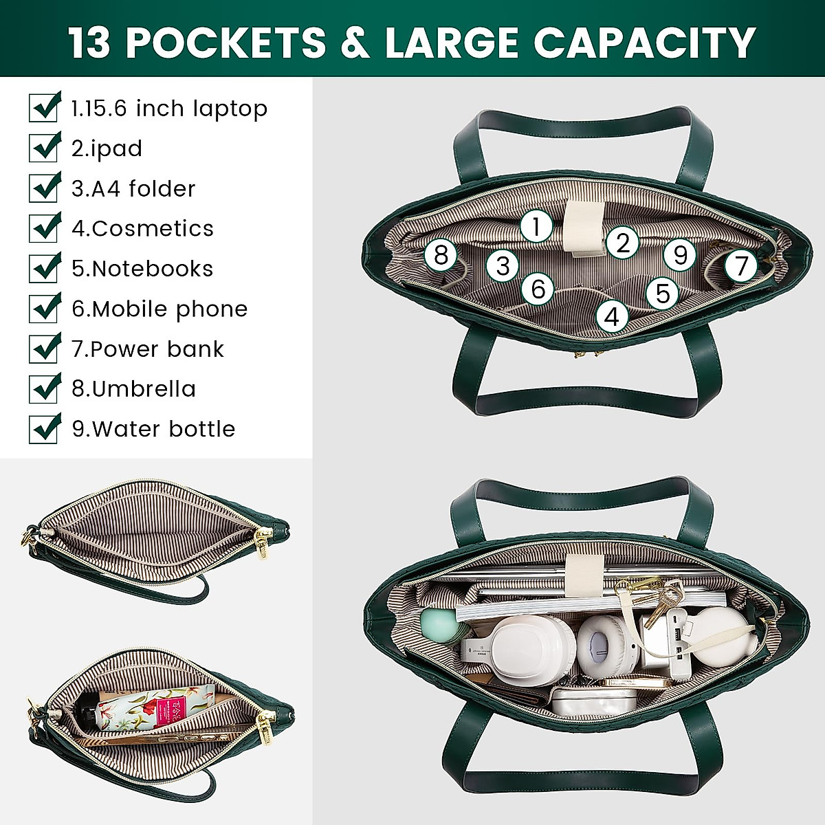 LOVEVOOK Women's 15.6 inch Diamond Quilted Work Tote Bags, Stylish Travel Tote Bag Laptop Purse Briefcase Handbag with Clutch Purse, Dark Green