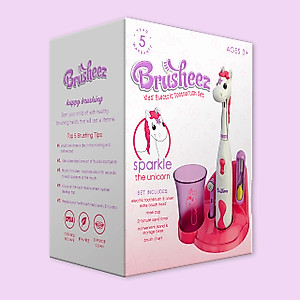 Brusheez Kids’ Electric Toothbrush Set - Safe & Effective for Ages 3+ - Parent Tested & Approved with Gentle Bristles, 2 Brush Heads, Rinse Cup, 2-Minute Timer, & Storage Base (Sparkle The Unicorn)