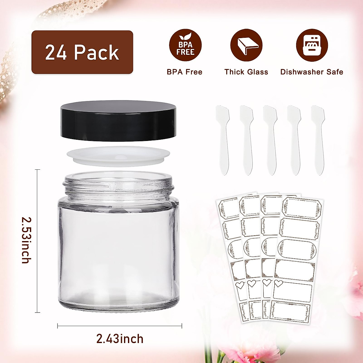 24 Pack 4 oz Glass Jars with lids, Clear Cosmetic Jars with Inner Liners and Black Lids, Lotion Jars, Candle Making Jars for Lotions, Scrubs and Cosmetic, Lables and Spatulas Include